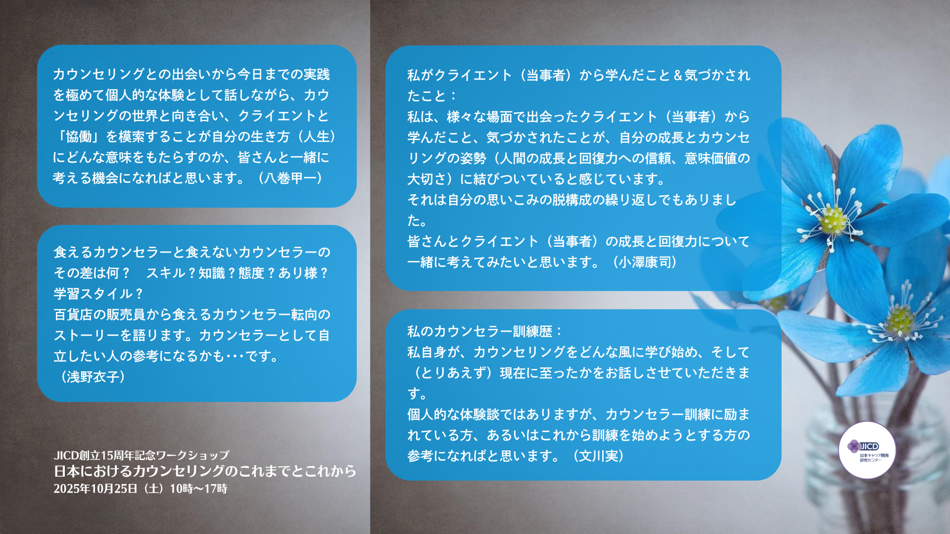 日本におけるカウンセリングのこれまでとこれから：JICD創立15周年記念 – JICD